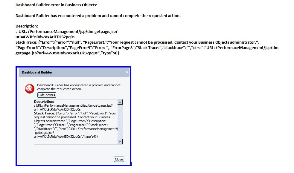 Dashboard Builder has encountered a problem - Performance Management - BusinessObjects Board