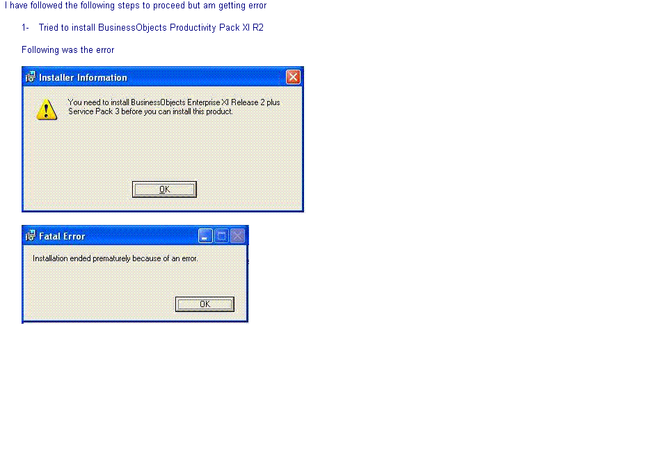 Error occured while installing Productivity Pack XIR2 - general discussion - BusinessObjects Board